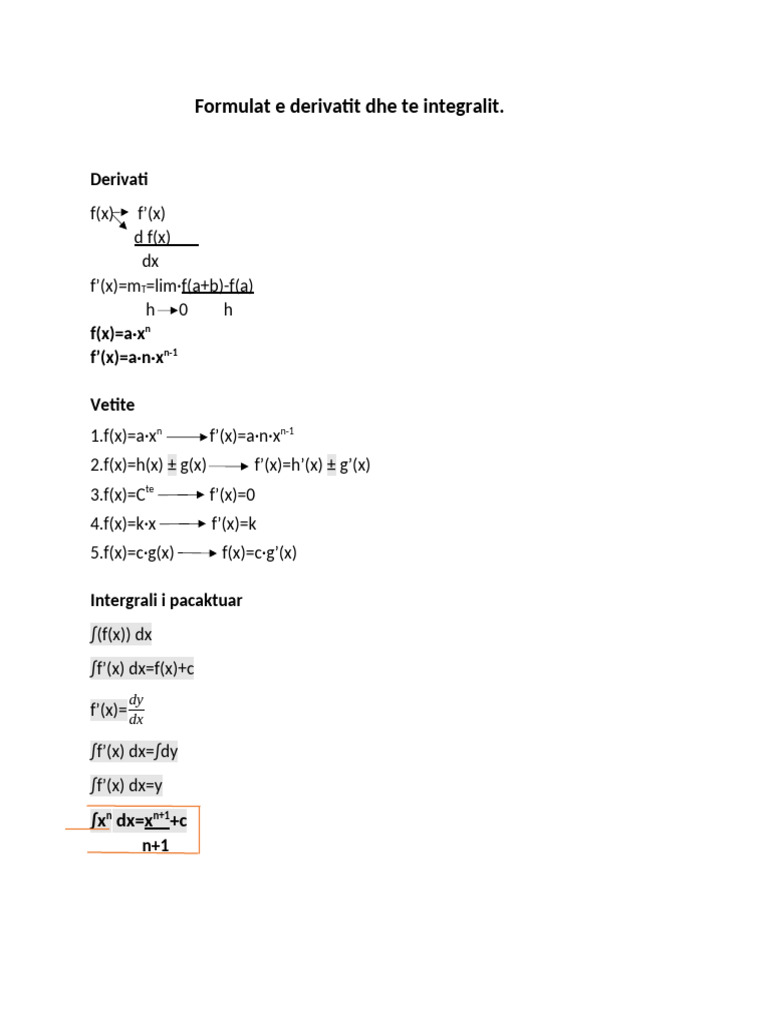 Formulat e Derivatit Dhe Te Integralit | PDF