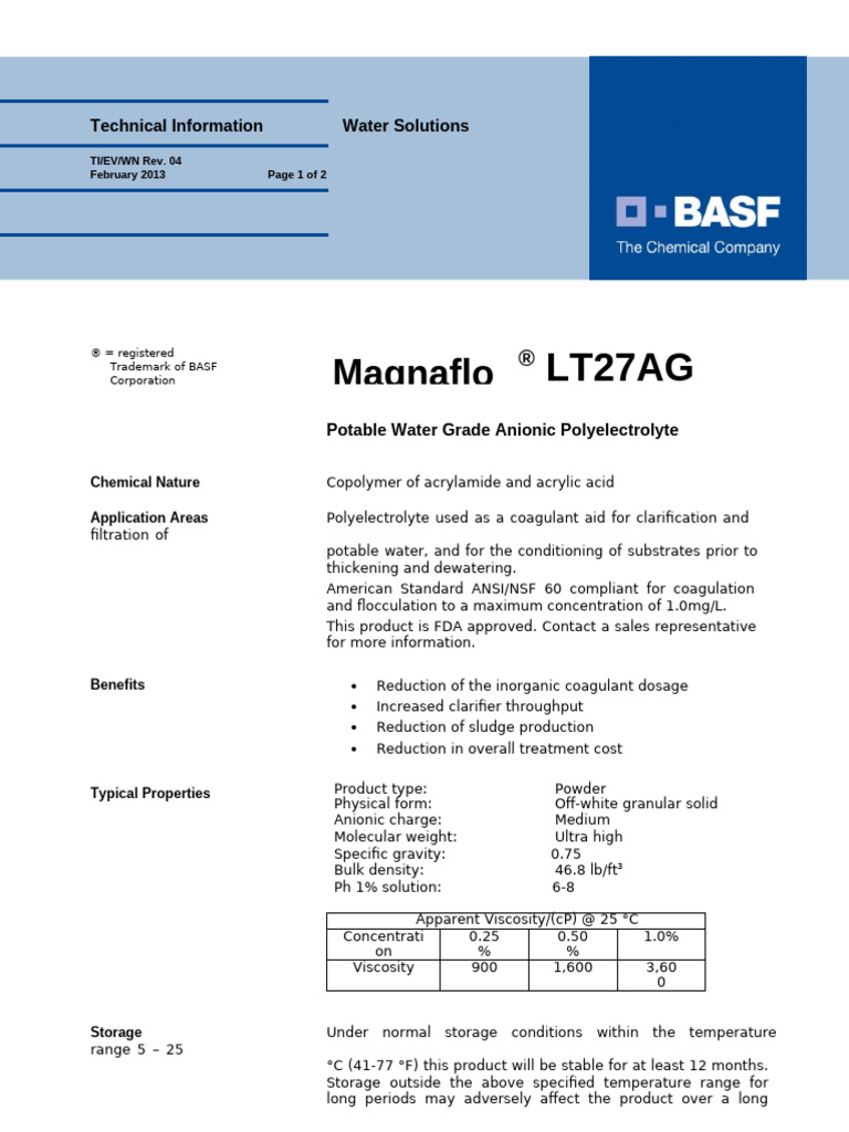Solenis Magnafloc Lt27 Ag AP Sugar Processing Chemical | PDF | Chemical ...