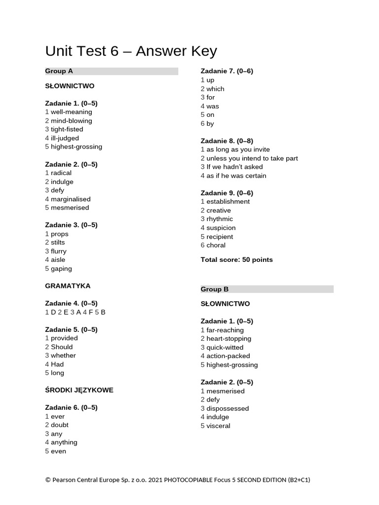 Focus 5 Unit 6 Test Answer Key | PDF