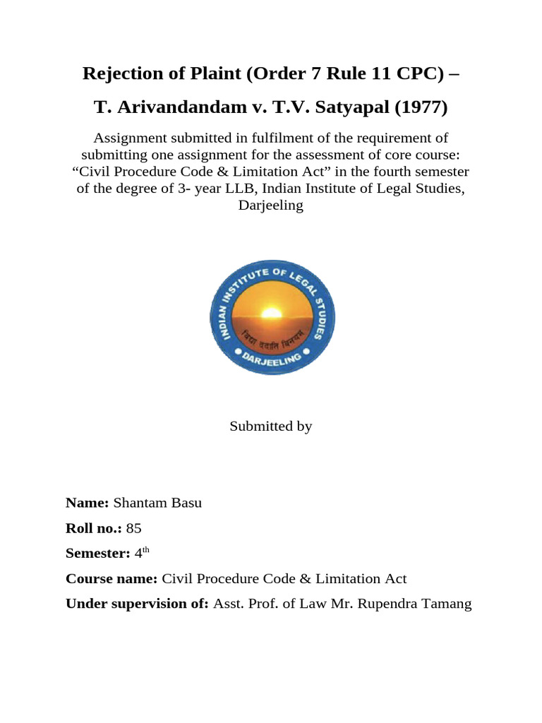Arivandandam v. Satyapal: Order 7 Rule 11 | PDF | Lawsuit | Federal ...