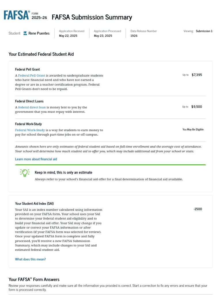 FAFSA Submission Summary 2025–26 _ FAFSA Form _ Federal Student Aid 1 | PDF | Student Financial ...