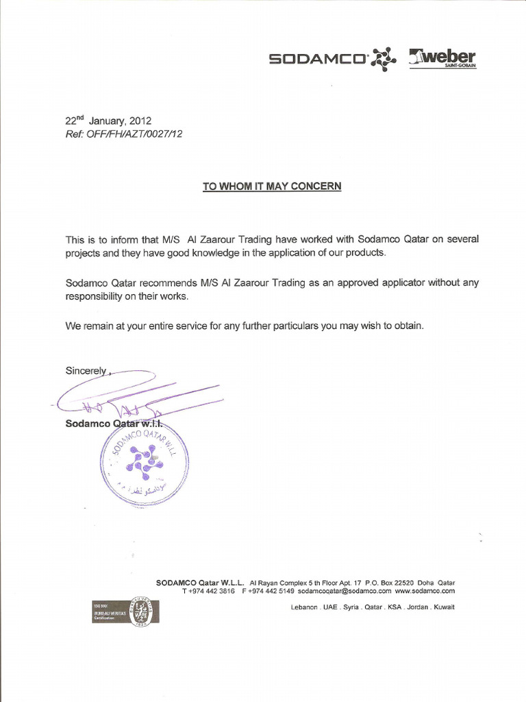 Al Zaarour Trading - Sodamco Letter | PDF