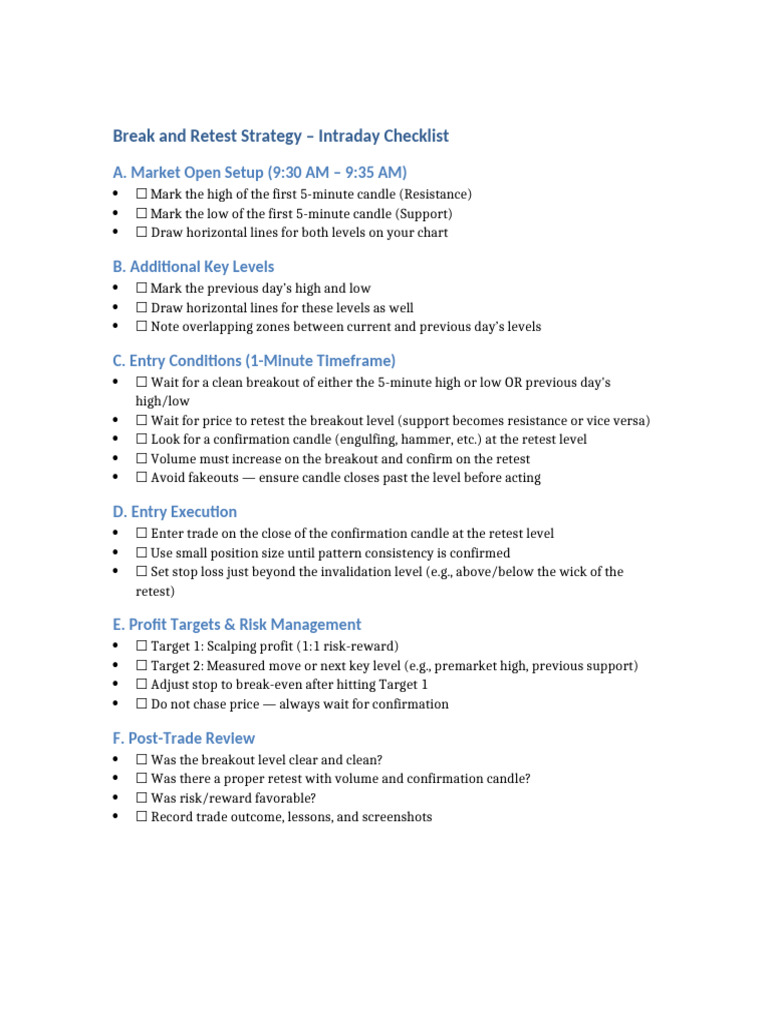 Break and Retest Strategy Checklist | PDF