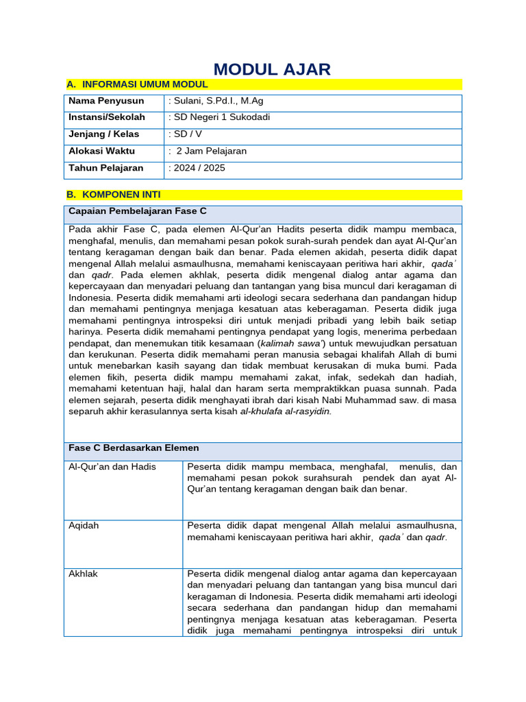 Modul Ajar Zakat untuk Kelas 5 SD | PDF