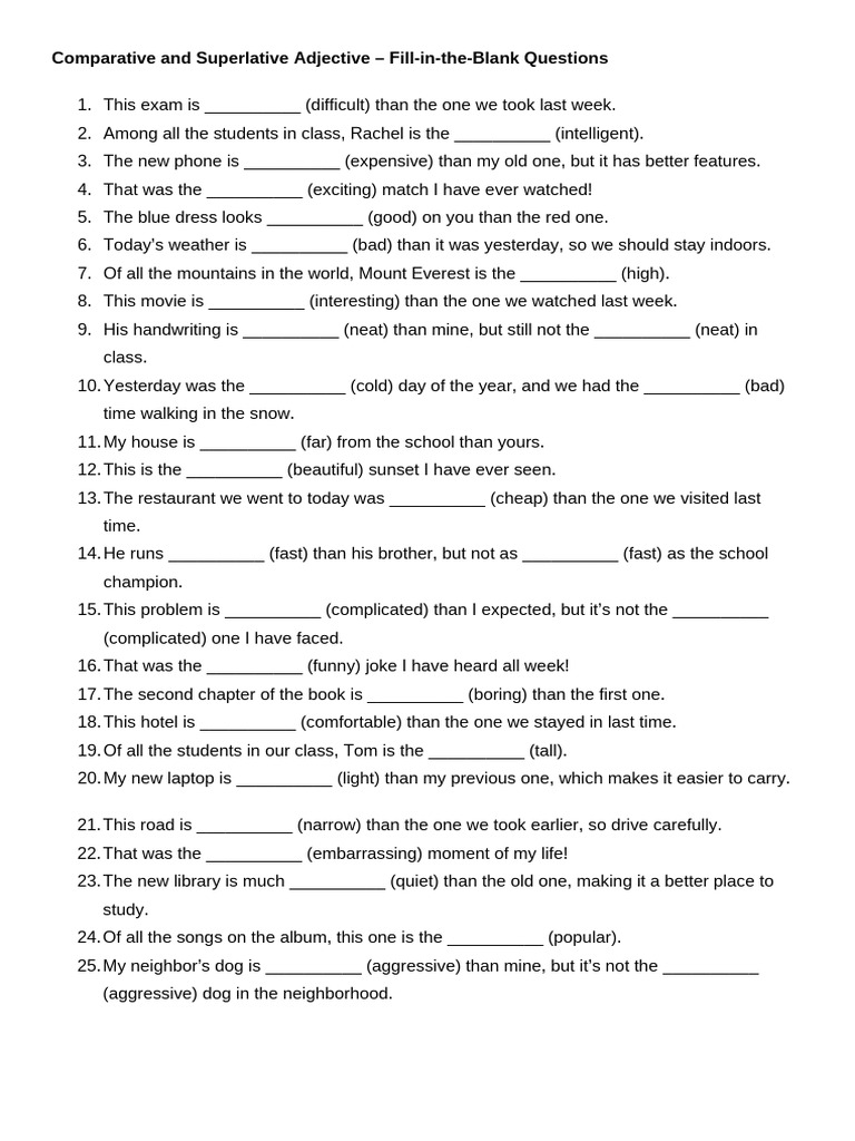 Comparative and Superlative Adjectives Quiz | PDF | Adjective