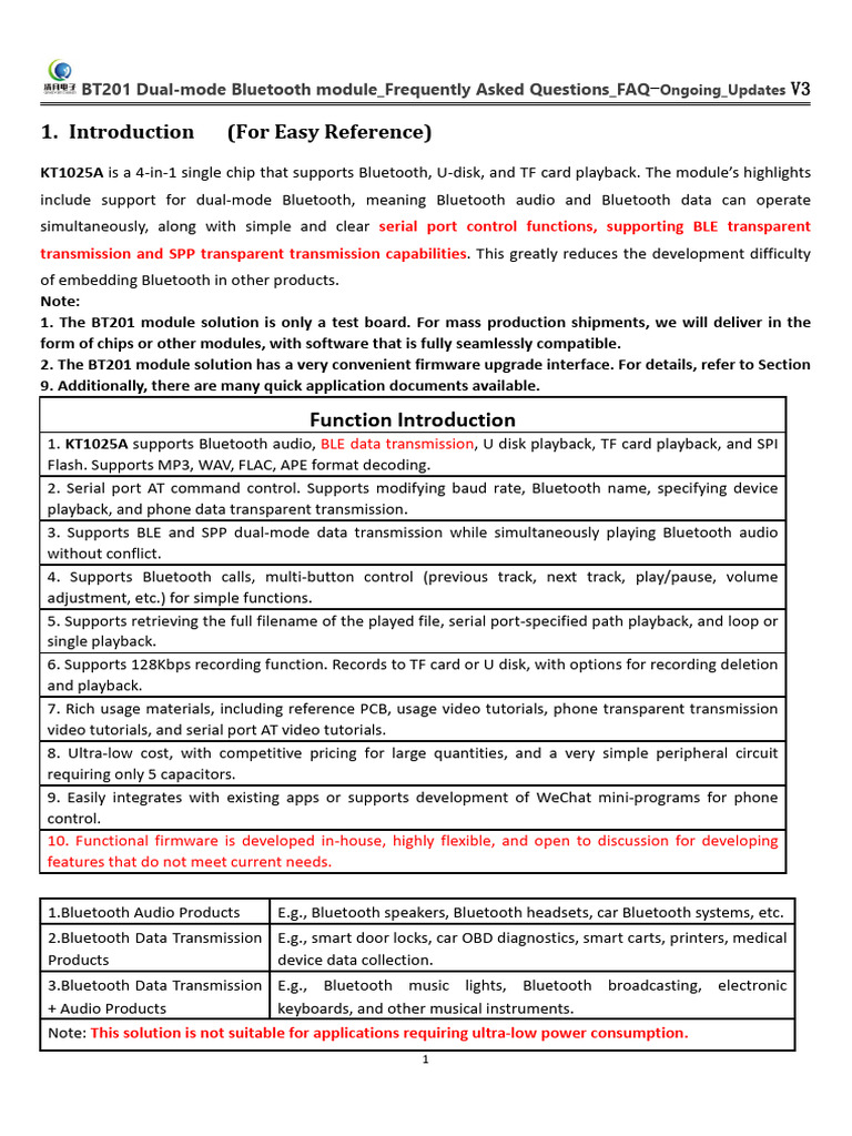 KT1025A BT201 Frequently Asked Questions FAQ V3 Updated To 43 | PDF | Bluetooth | Ios