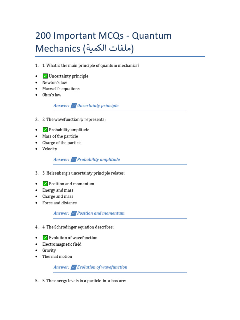 Important 200 MCQs Quantum | PDF | Wave Function | Electron