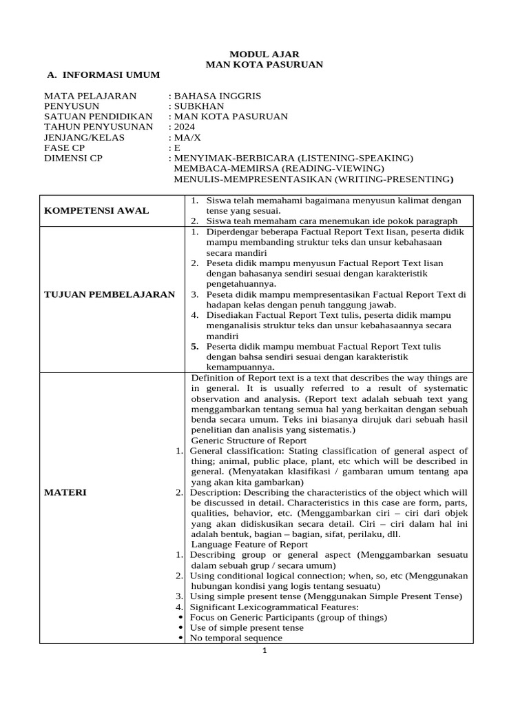 Modul Ajar Factual Report Text | PDF