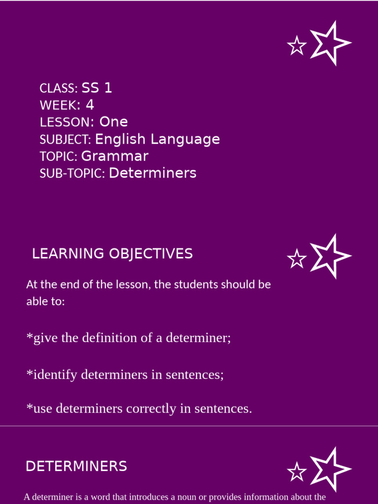 Ss1 Term 3 Week 4 Grammar Determiners | PDF | Noun | Grammatical Number
