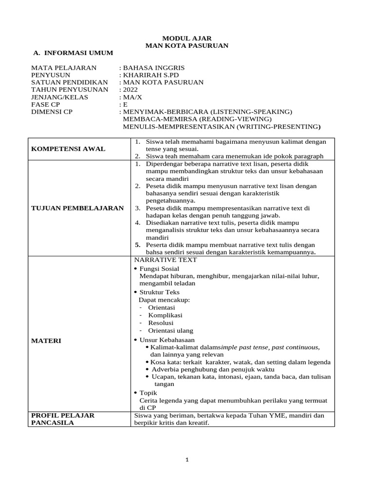 Modul Ajar Narrative Text | PDF