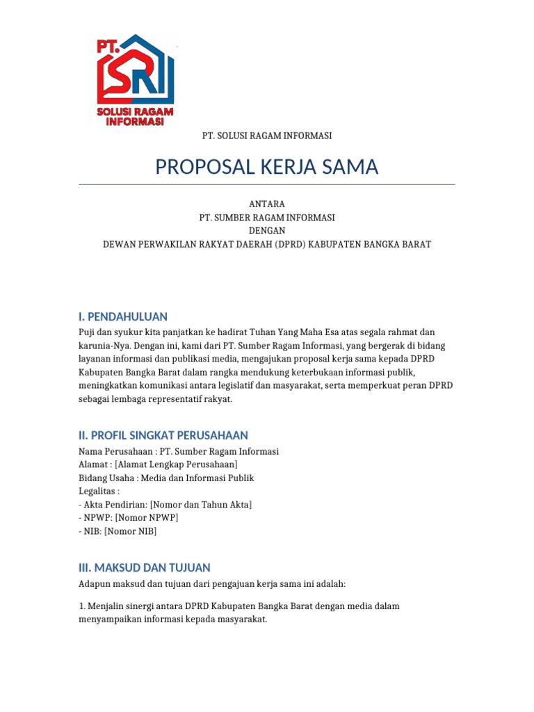 Proposal Kerja Sama PT SRI DPRD Bangka Barat Logo | PDF