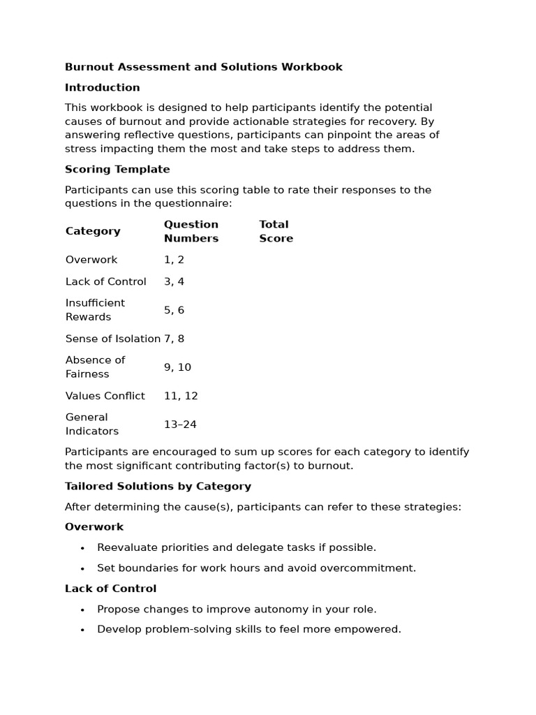 Burnout Assessment and Solutions Workbook | PDF | Occupational Burnout ...