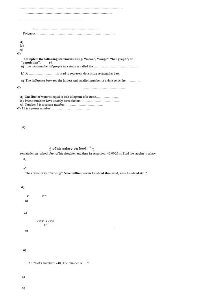 Matematics Test Multiple Choice 1 | PDF | Mathematics