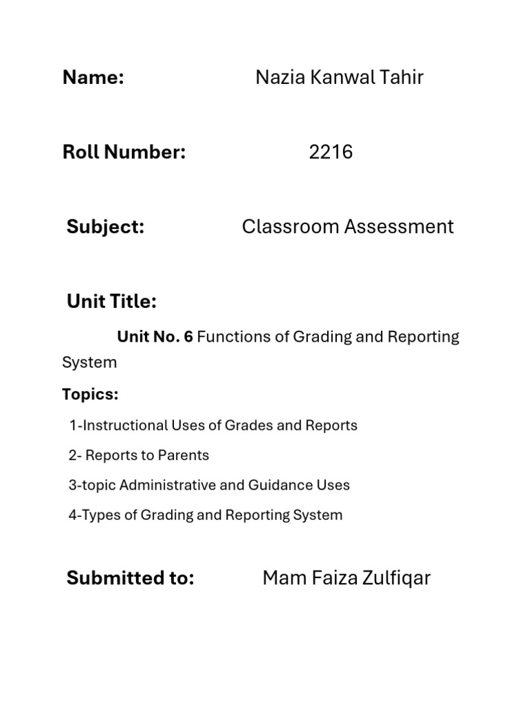 Classroom Assessment, Functions of Grading and Reporting System | PDF ...