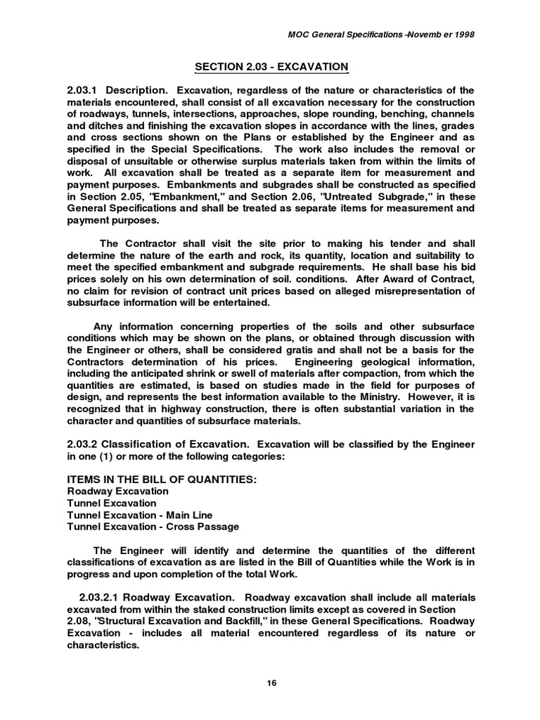Excavation Specifications for Road Construction | PDF