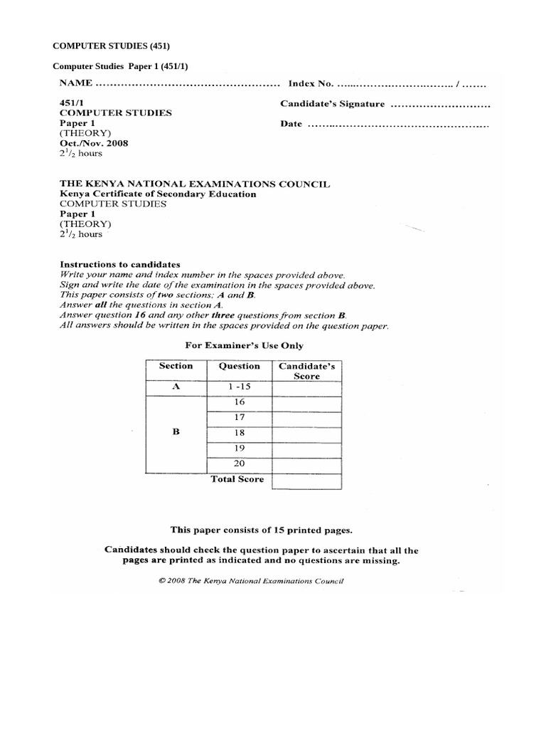 Mpresource2305952008 Kcse Computer Studies Paper 1 | PDF