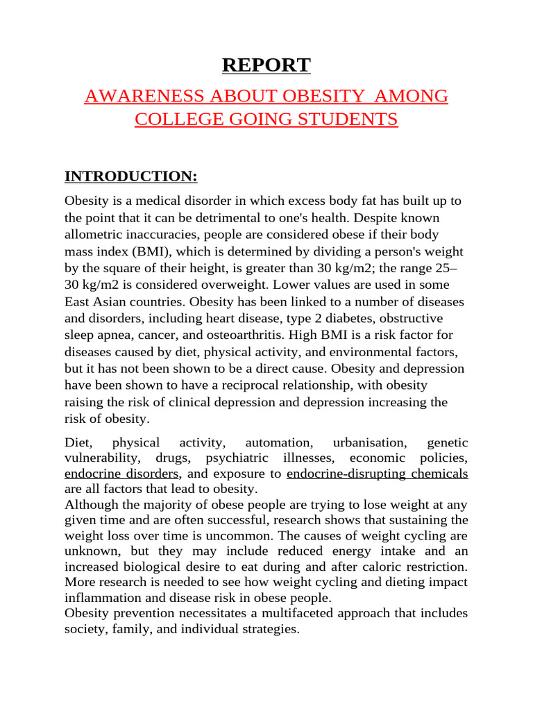 Obesity Awareness Among College Students | PDF | Obesity | Nutrition