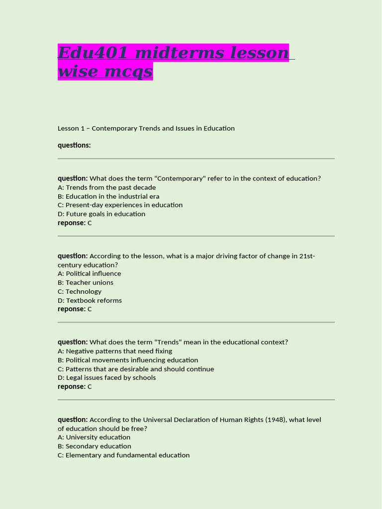 Edu401 Midterms Lesson Wise Mcqs | PDF | Inclusion (Education) | Teachers