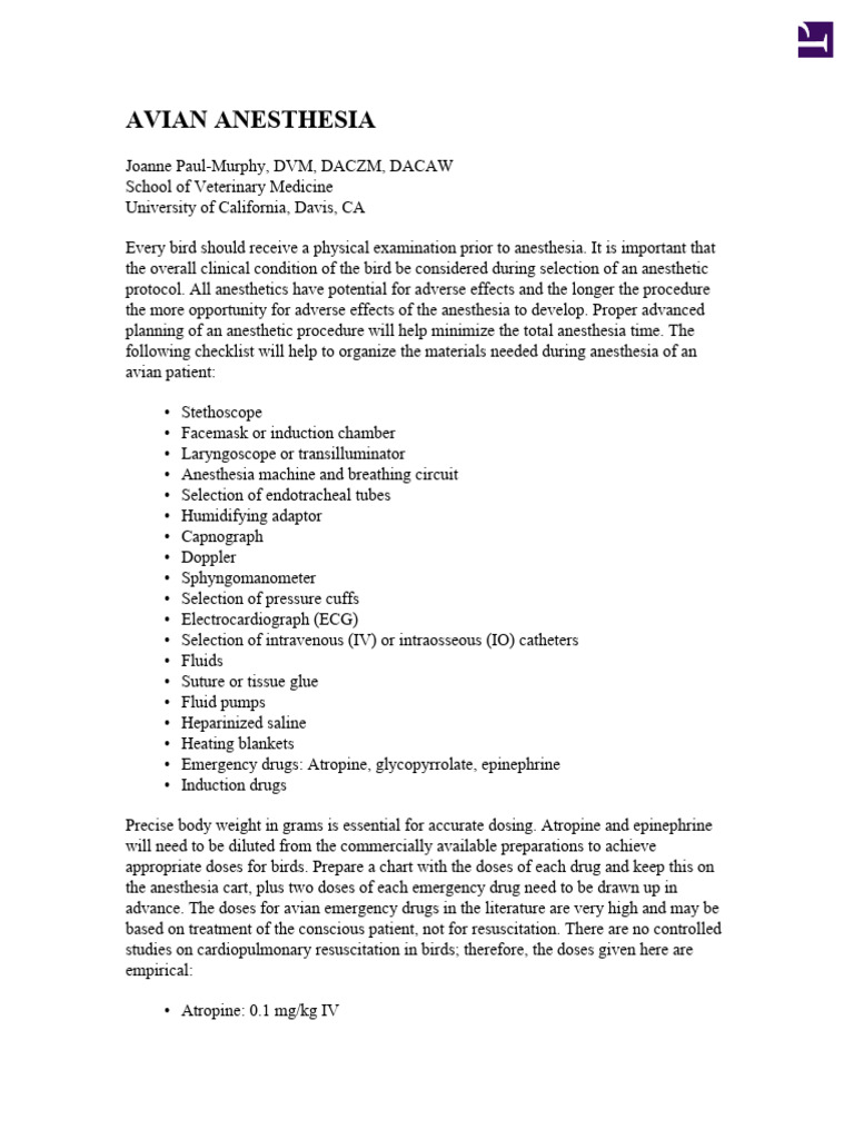 Paul Murphy 2013 Avian Anesthesia | PDF | Anesthesia | Midazolam