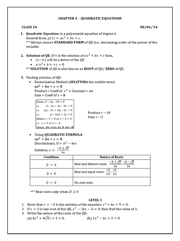 Chapter 4 Quadratic Equations Pdf Quadratic Equation Factorization