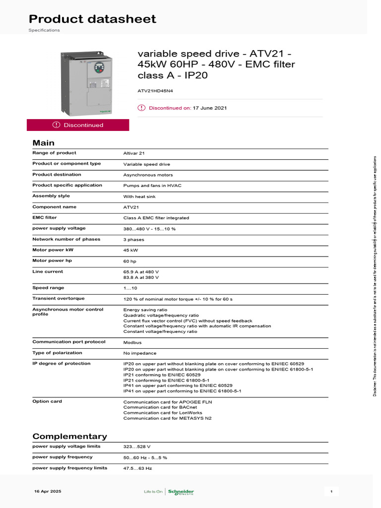 Schneider Electric Altivar-21 ATV21HD45N4 | PDF | Power Supply ...