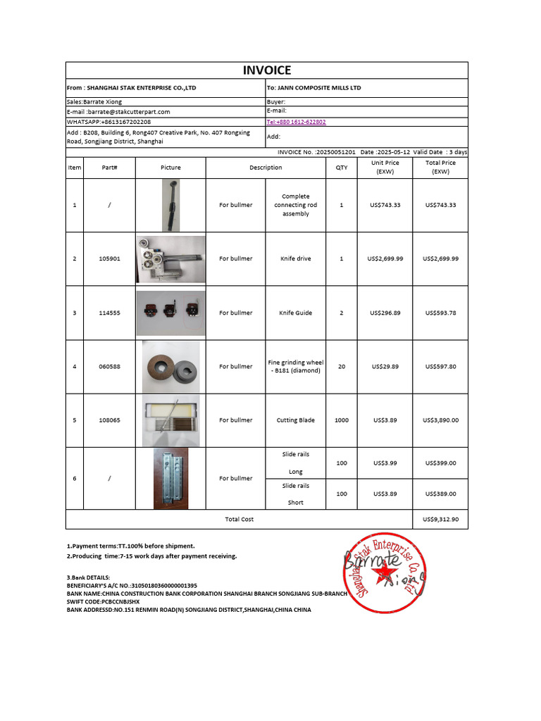 2025 05 12 Invoice For Jann Composite Mills Ltd-1 | PDF | Knife | Melee ...