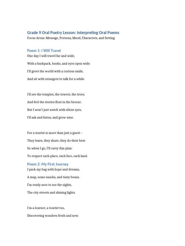 Grade 9 Oral Poems Interpretation | PDF