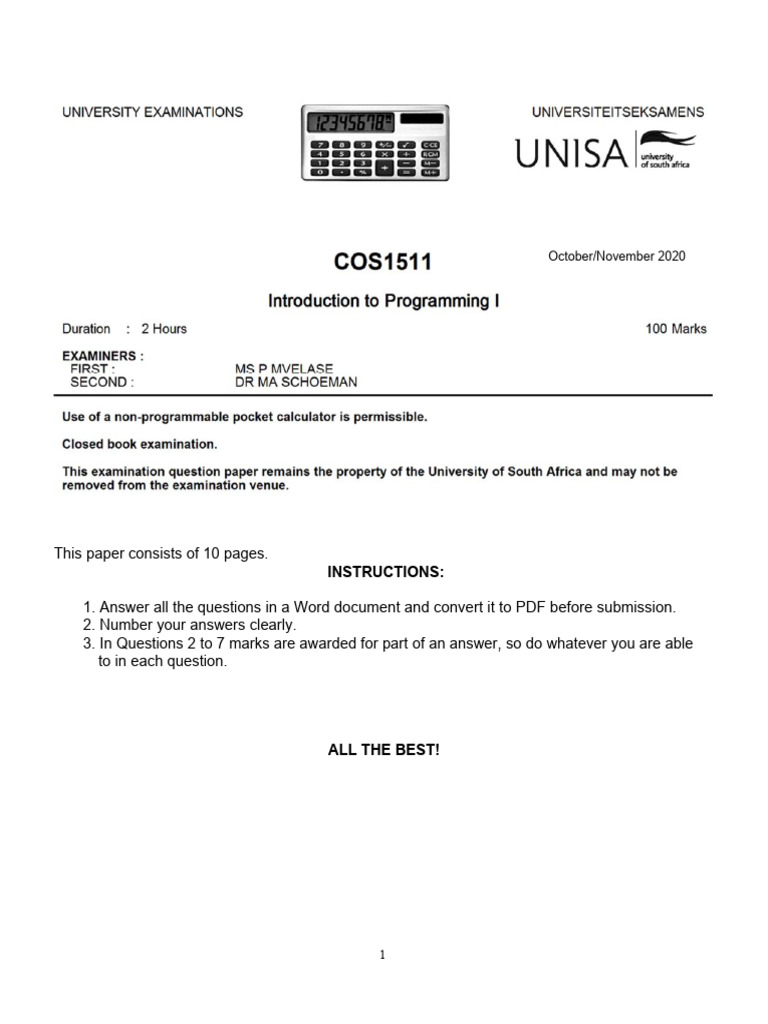 COS1511 Oct - Nov Exam Paper - S2 | PDF | String (Computer Science) | Namespace