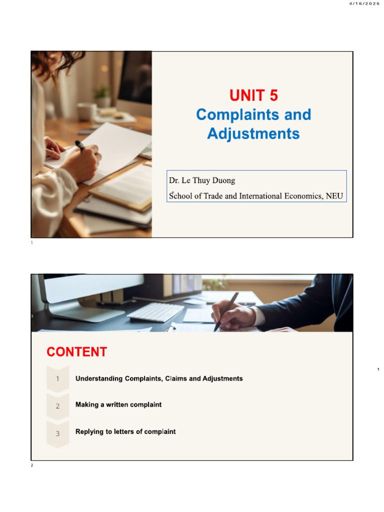 (LMS) Unit 5 - Complaints and Adjustments (Students) | PDF