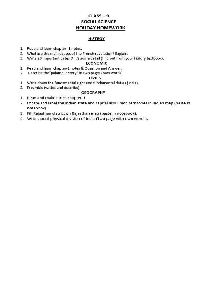 Class 9 Holiday Homework | PDF
