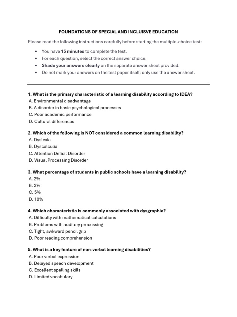 Special Education Learning Disabilities Test | PDF | Learning ...