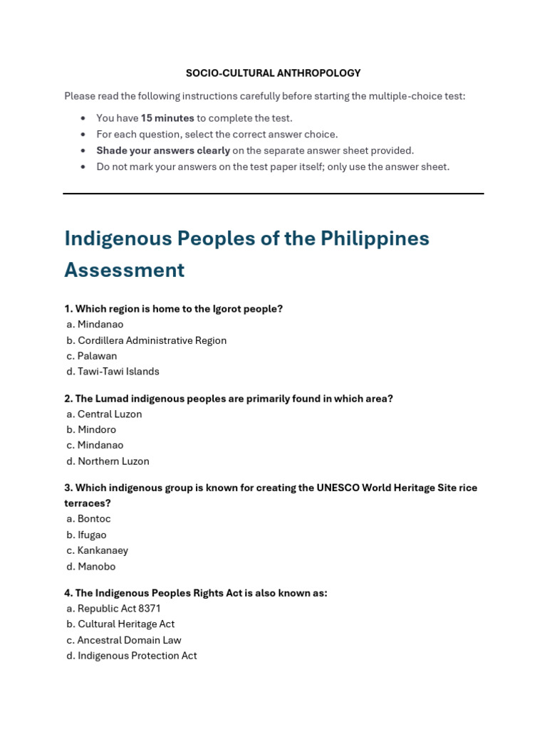 SOCIO-CULTURAL ANTHROPOLOGY - Quiz4 | PDF | Philippines | Ethnicity