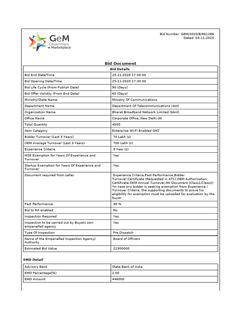 BBNL Gem Tender For 4500 ONTs | PDF | Procurement