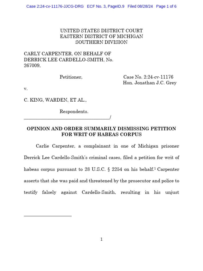Carly Carpenter, On Behalf of Derrick Lee Cardello-Smith | PDF | Habeas ...