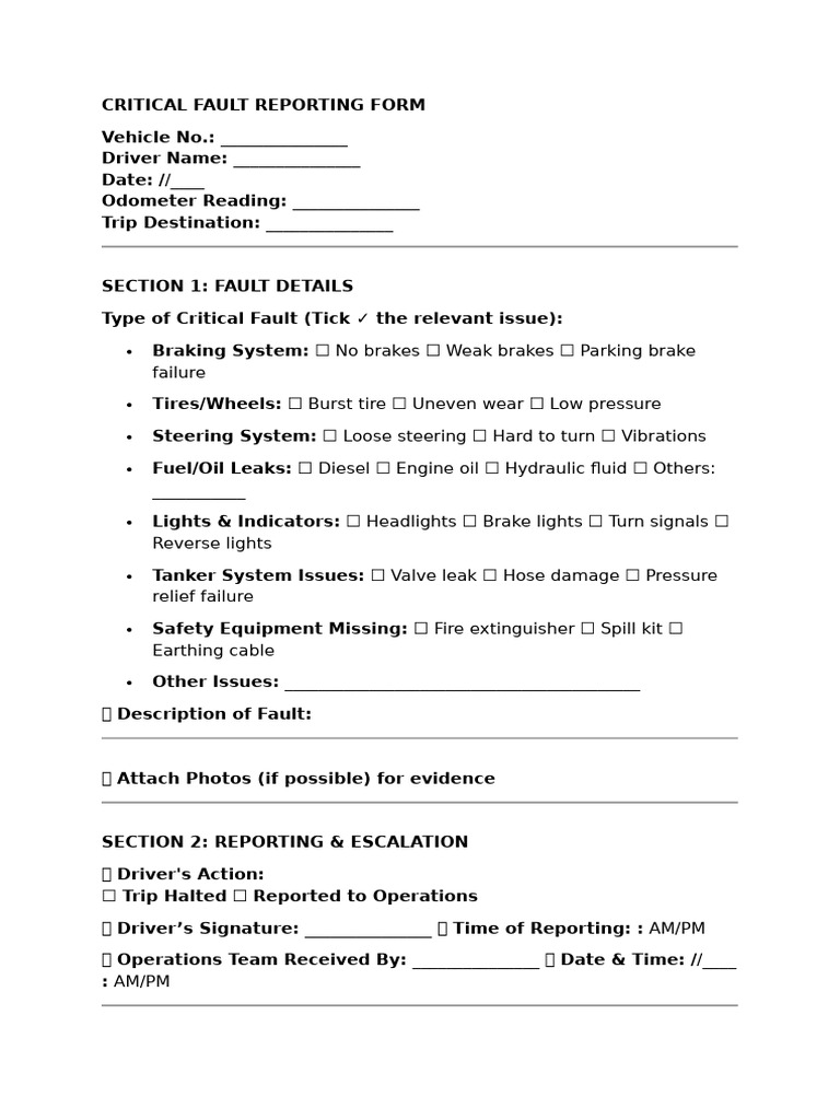 Critical Fault Reporting Form | PDF
