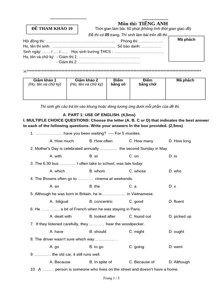 20 Đề Luyện Tiếng Anh Ôn Tuyển Sinh 10 - Đà Nẵngde Tk Ts l10 Dgnl Form ...
