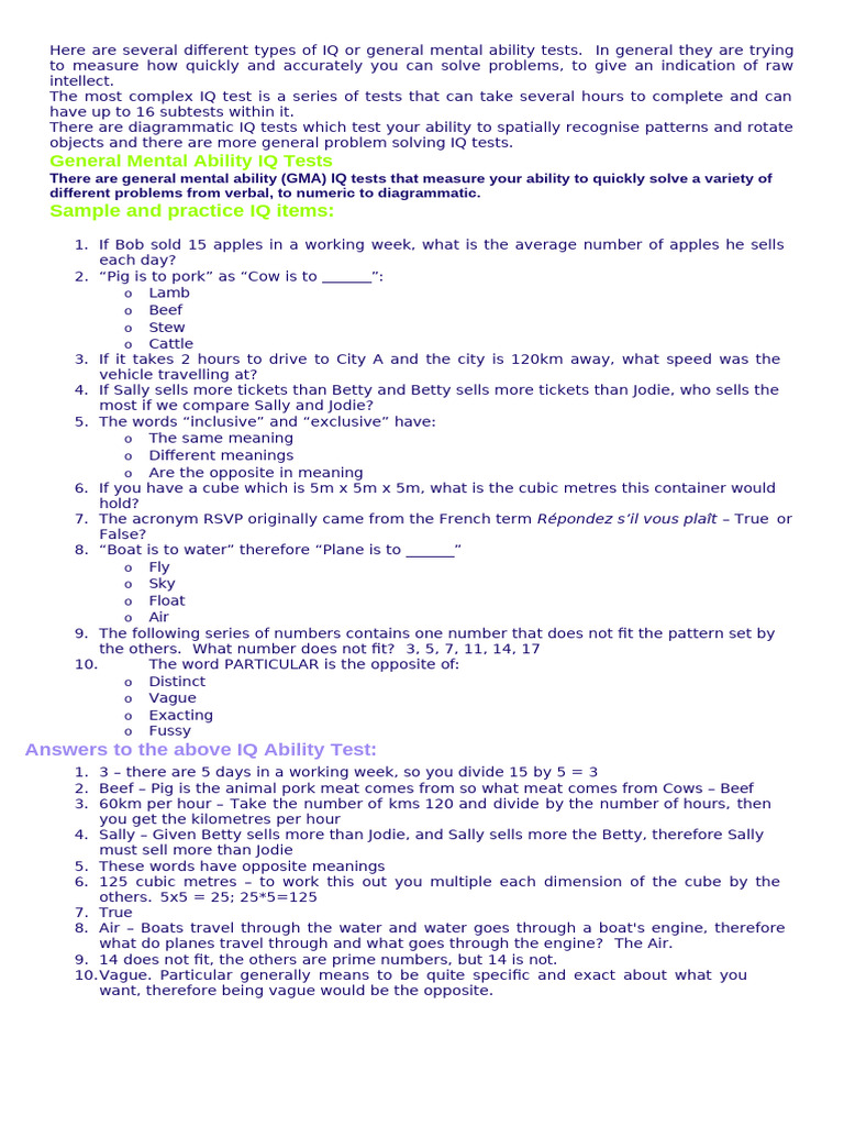 Types of IQ Tests and Sample Questions | PDF | Intelligence Quotient ...