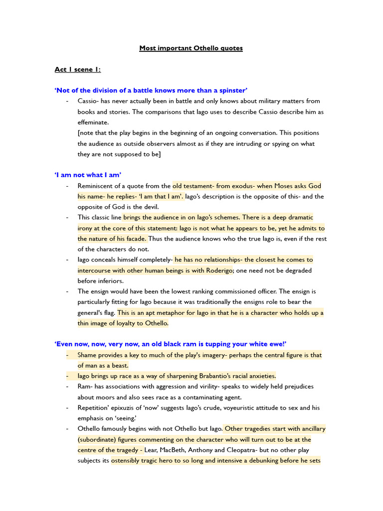 Most Important Othello Quotes | PDF | Othello | Iago