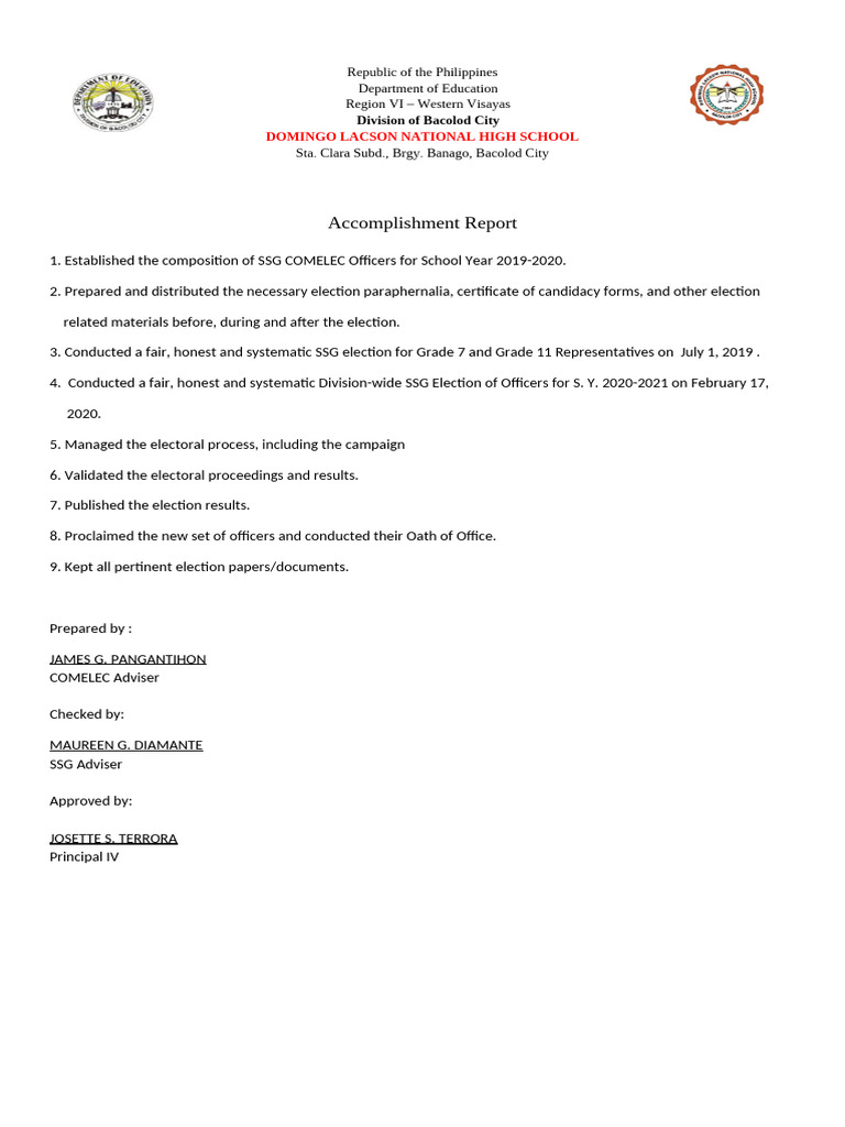Domingo Lacson High School Election Report | PDF | Accountability ...