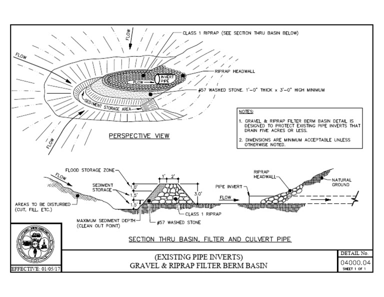 (Existing Pipe Inverts) Gravel & Riprap Filter Berm Basin: Detail No | PDF
