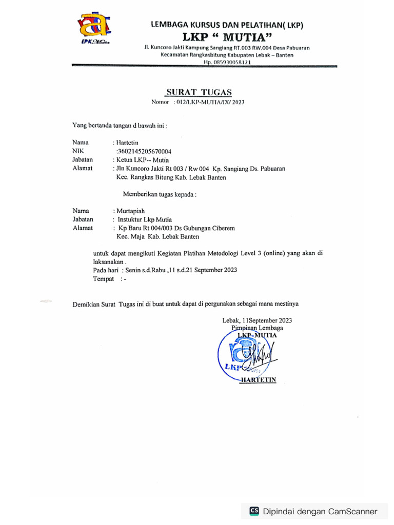 Surat Tugas LKP Mutia | PDF