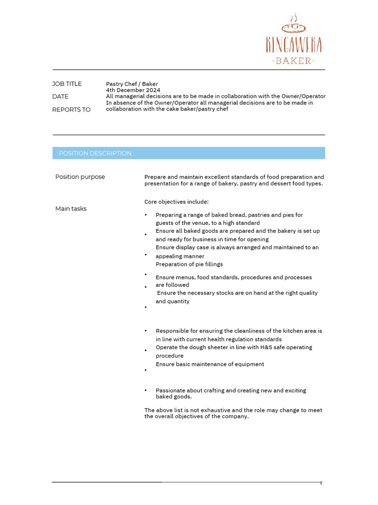 Bakery Job Description for Pastry Chef | PDF | Baking | Business