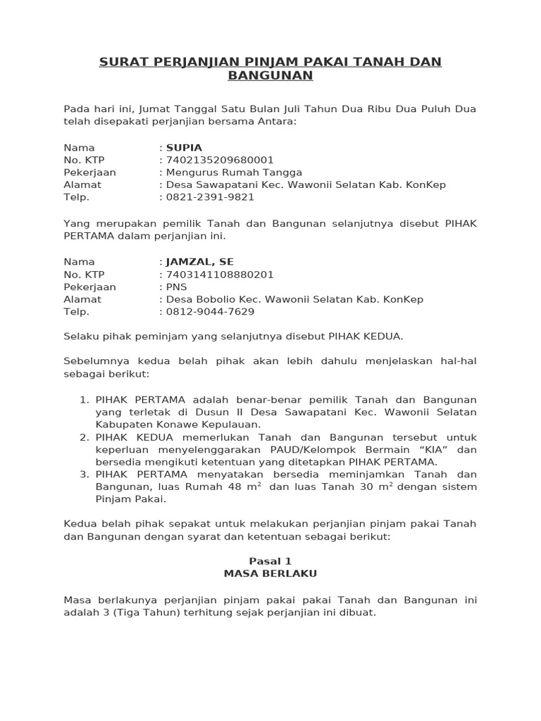 Perjanjian Pinjam Pakai | PDF