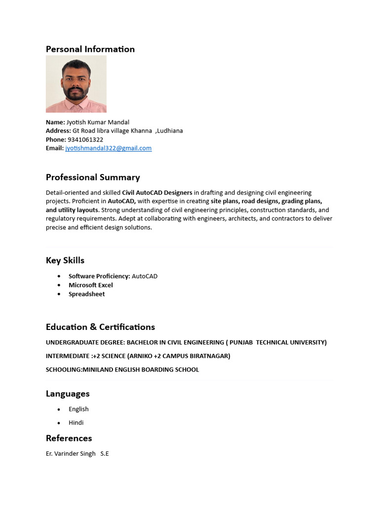 Civil AutoCAD Designer Profile: Jyotish Kumar | PDF