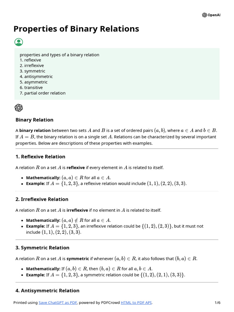 Properties of Binary Relations | PDF | Matrix (Mathematics) | Mathematics