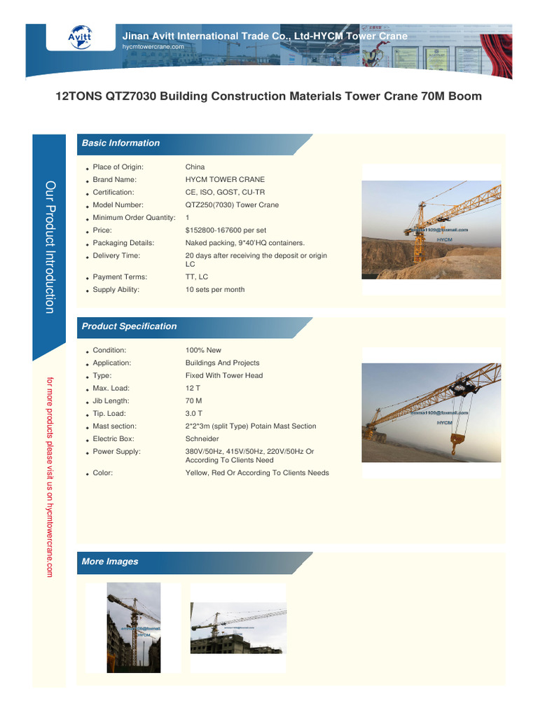 12tons Qtz7030 Building Construction Materials Tower Crane 70m Boom ...