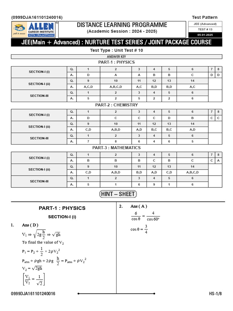JEE Advanced 2025 Test Series Answers | PDF | Physical Sciences | Physics