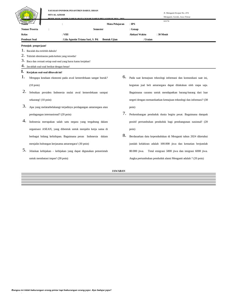 Soal Pat Ips Kelas 8 | PDF