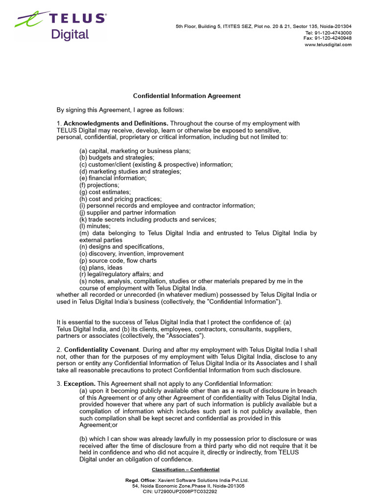 NDA+ +Telus+Digital+Noida | PDF | Indemnity | Confidentiality