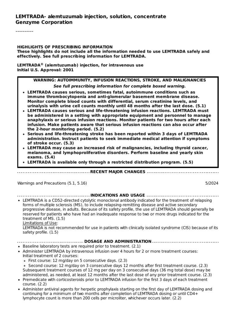 LEMTRADA-alemtuzumab Injection, Solution, Concentrate Genzyme ...